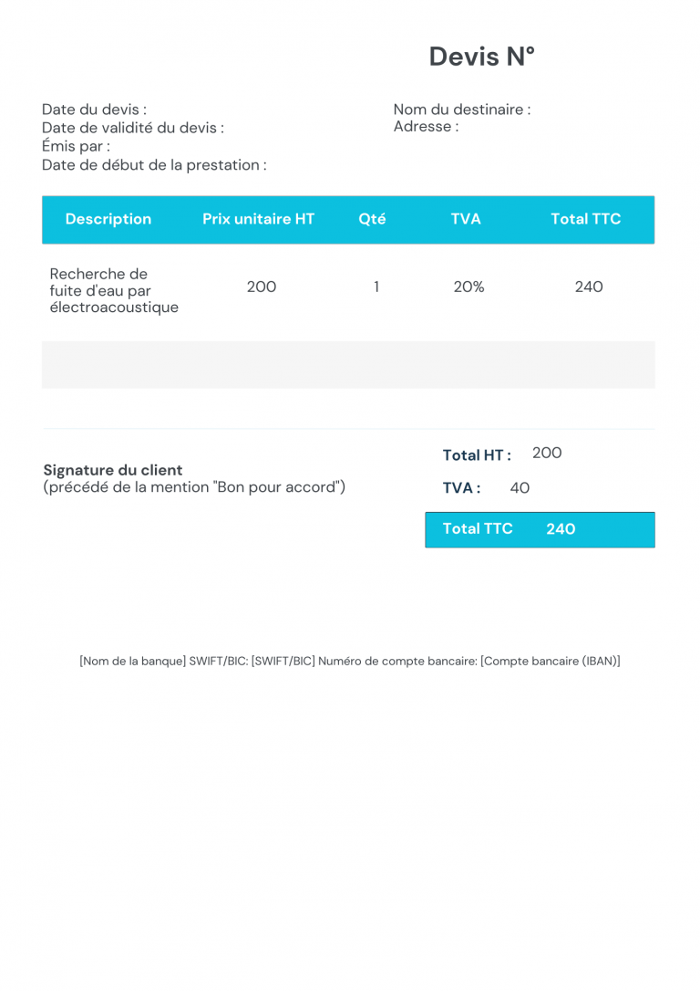 Exemple devis recherche de fuite d’eau à télécharger